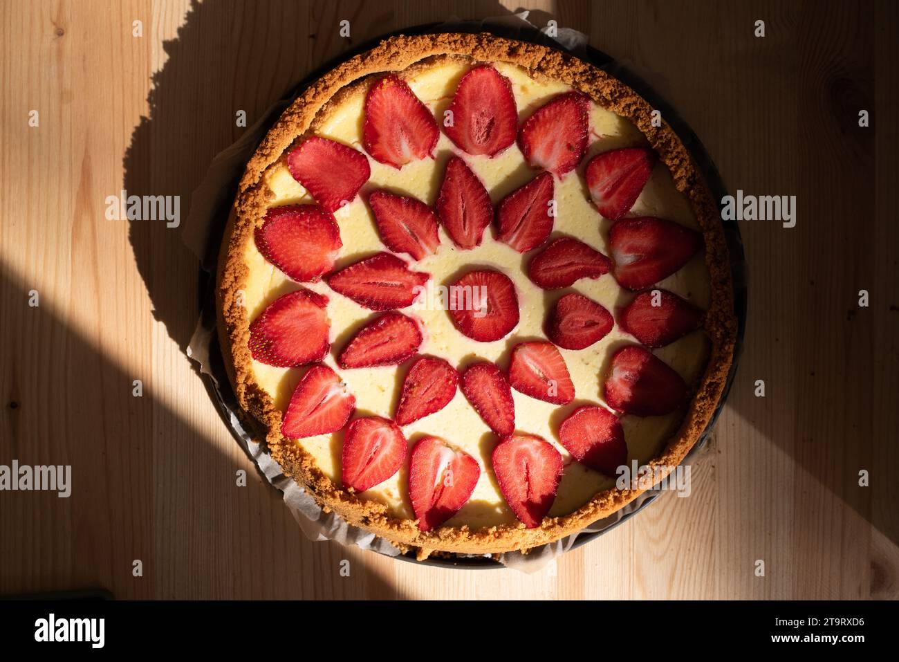 Strawberry Cheesecake top view from above. A classic decadent dessert ...