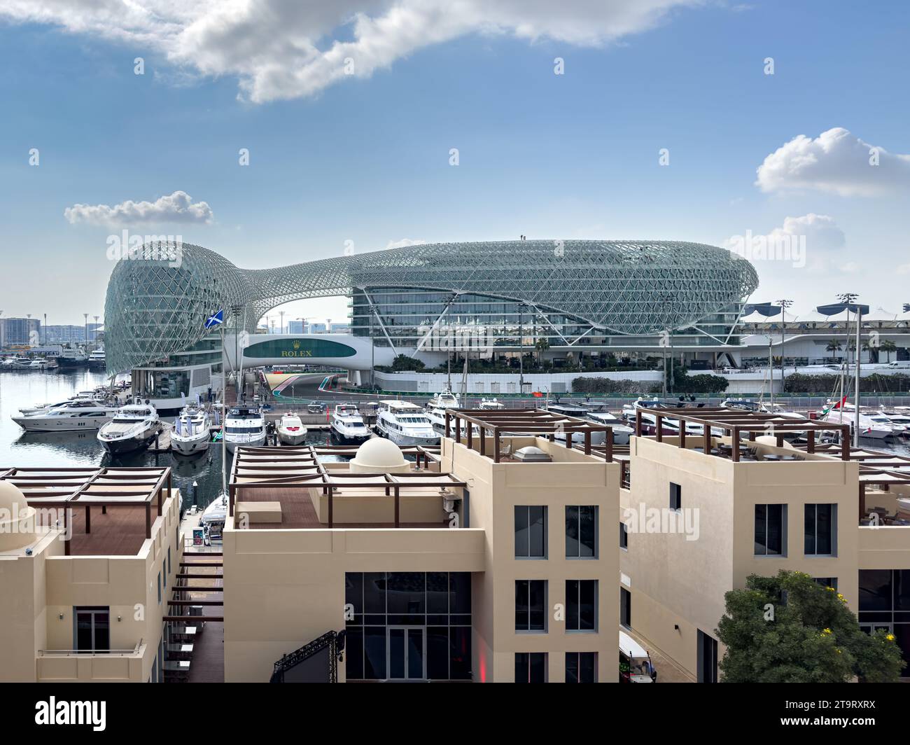View of the W Hotel on Yas Marina Circuit on Yas Island in Abu Dhabi ...