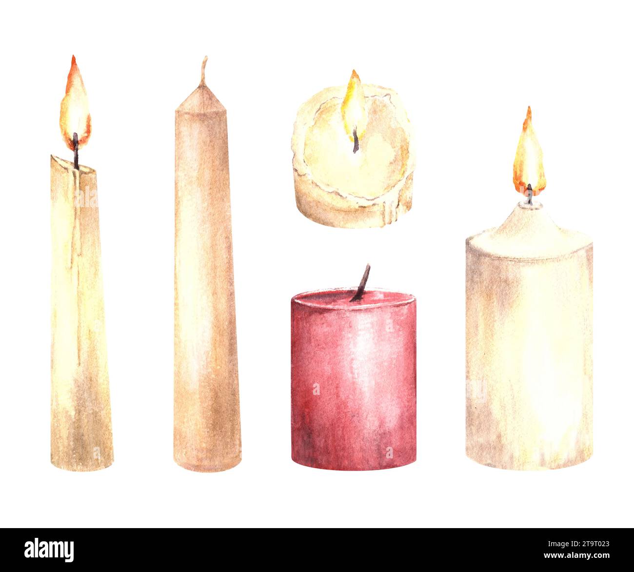 Watercolor set of burning and extinguished white end red wax candles ...