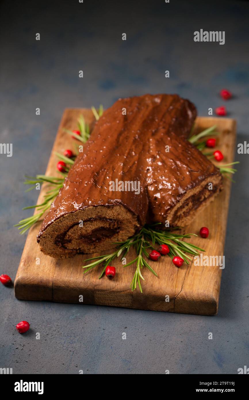 Traditional Christmas dessert, "log" decorated for the holiday Stock ...