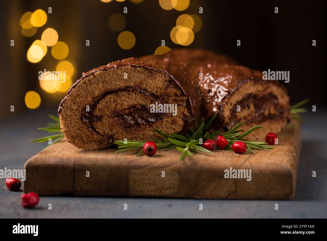 Traditional Christmas dessert, "log" decorated for the holiday Stock ...