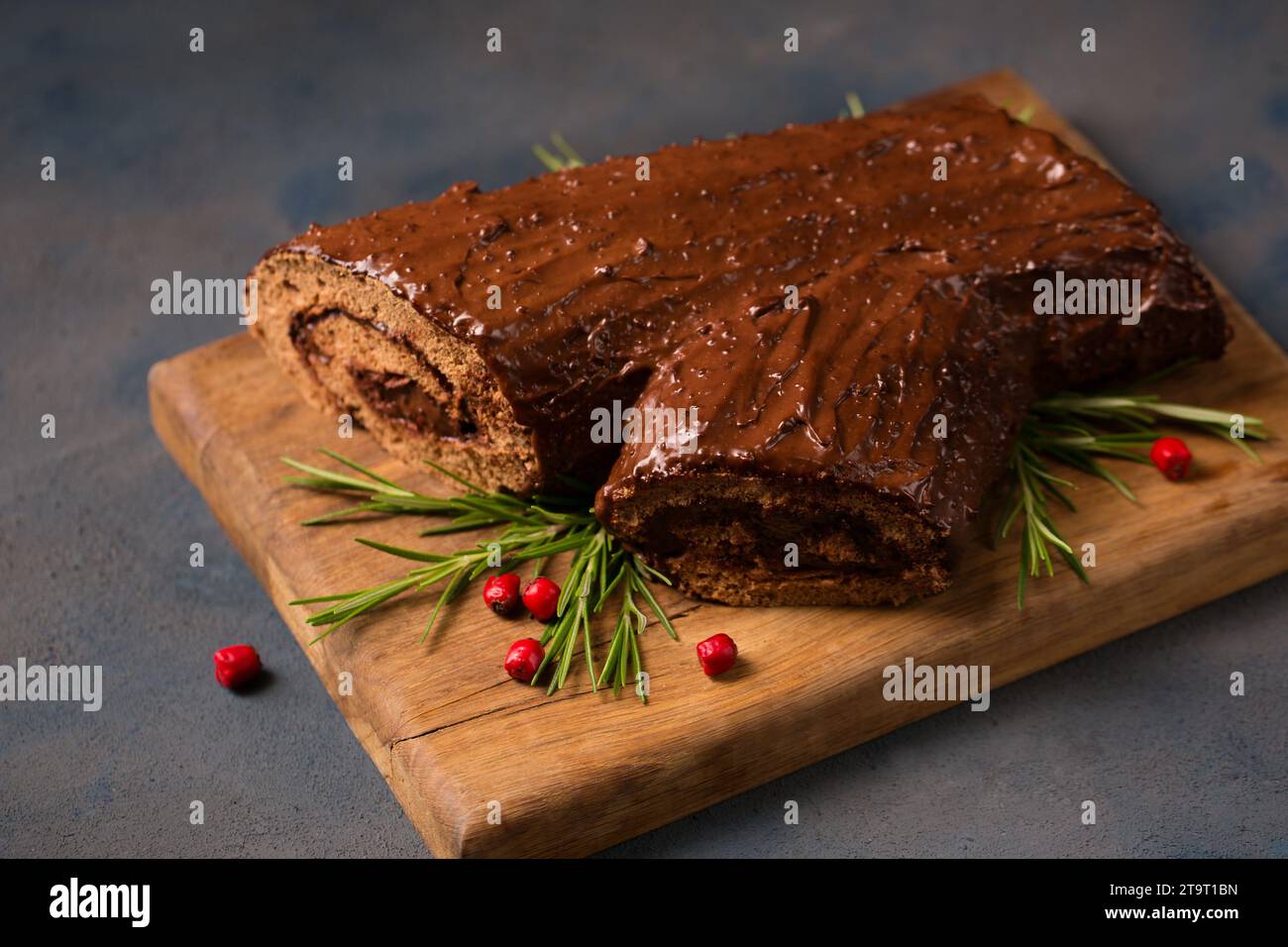 Traditional Christmas dessert, "log" decorated for the holiday Stock ...