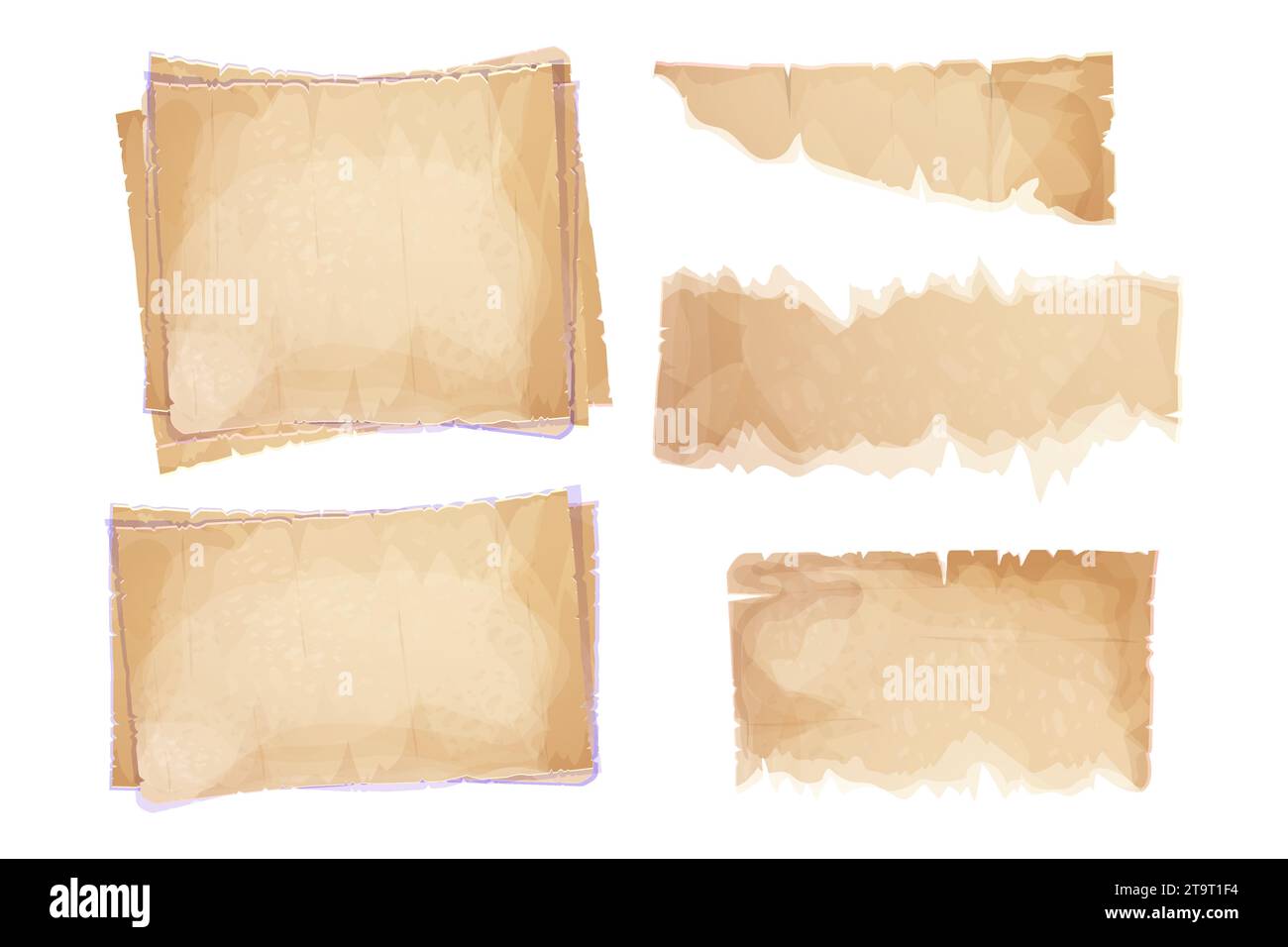Set parchment paper, torn pieces, old sheets in cartoon style, textured ...