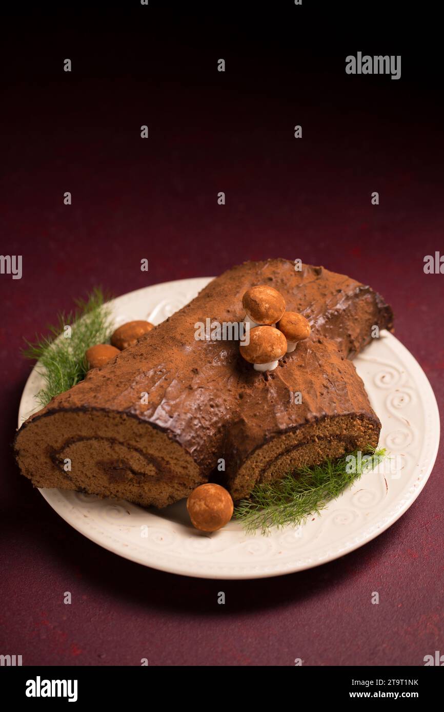 Traditional Christmas dessert, "log" decorated for the holiday Stock ...