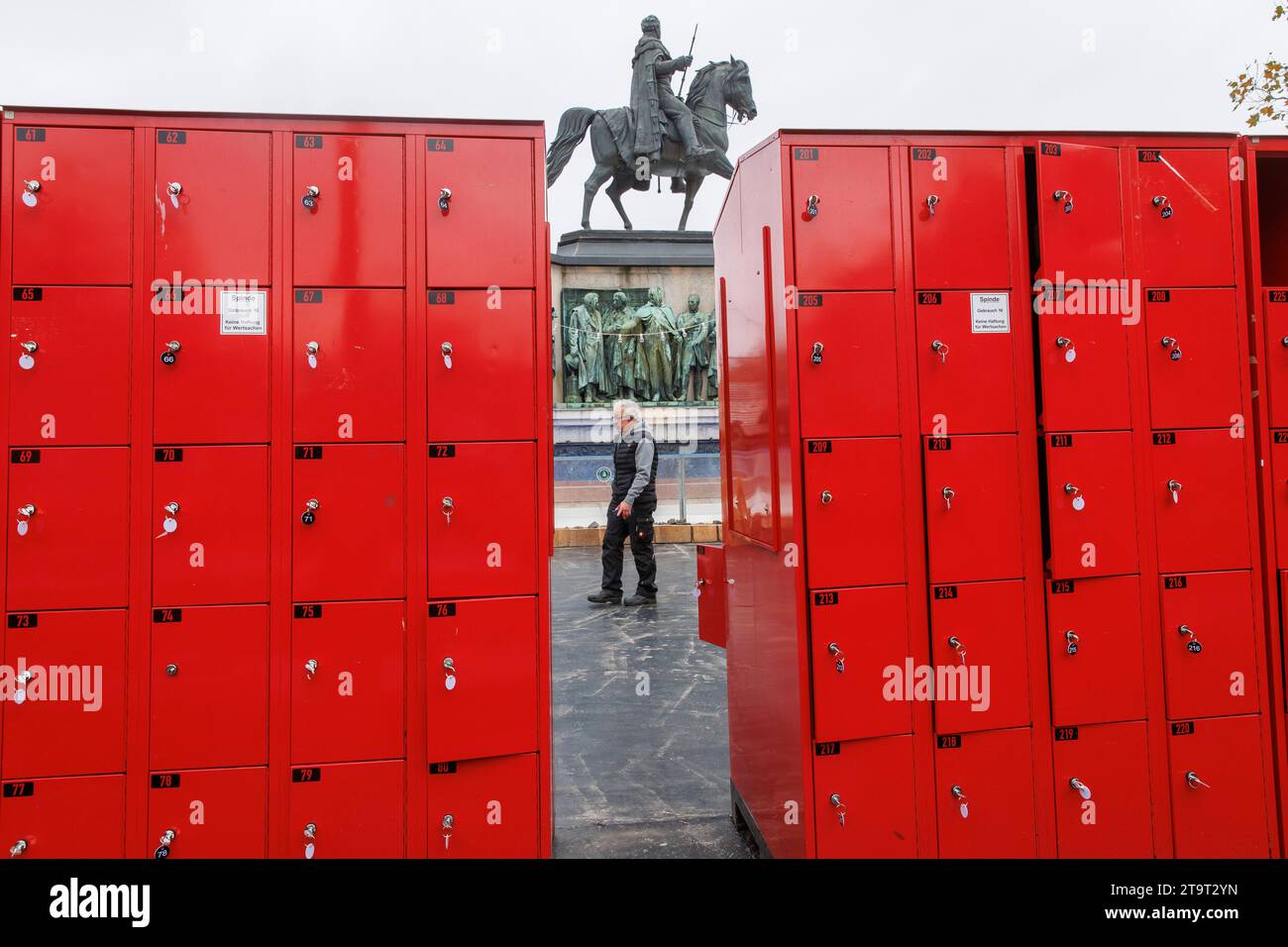 red lockers at the ice rink on Heumarkt, view to the equestrian ...