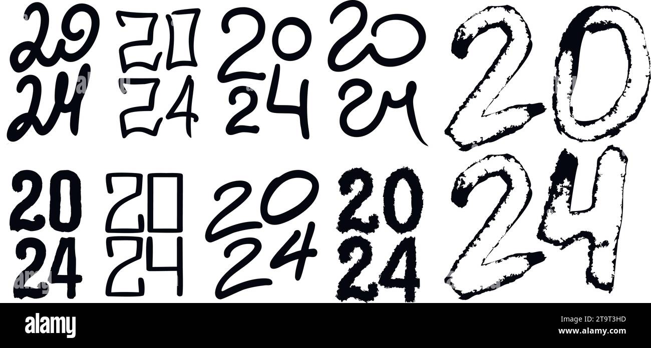 Set of illustration 2024 year black vertical handwriting font. White ...