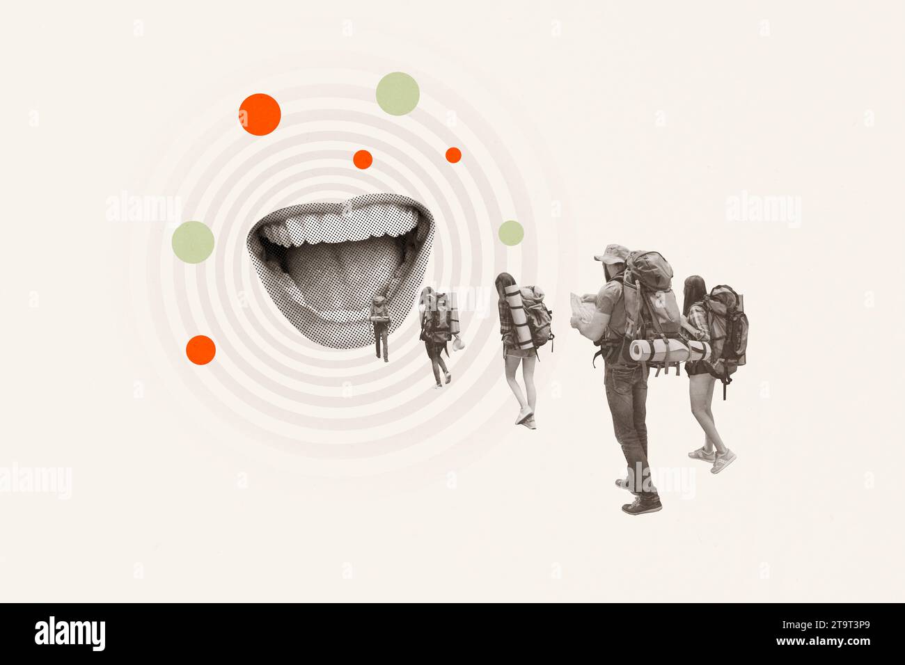 Brainwashing metaphor concept collage of funny tourists steps with ...