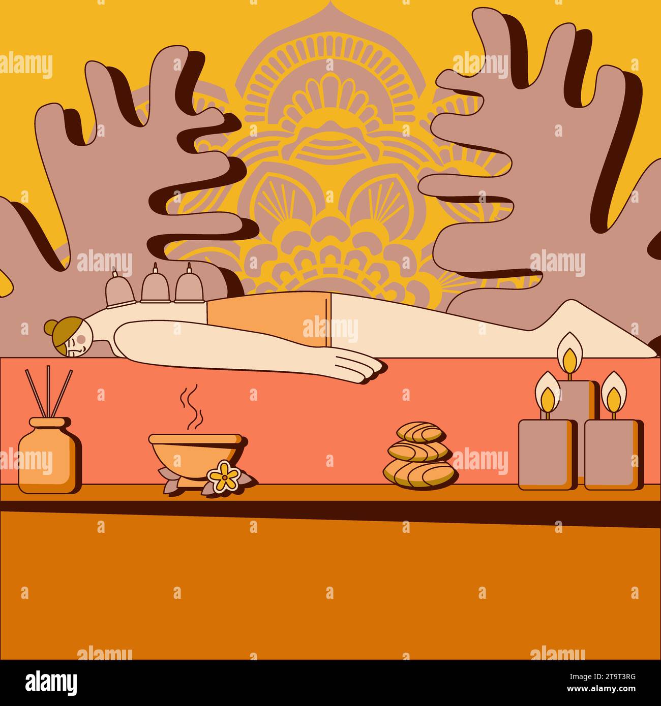 Wellness cupping vacuum back massage. Isolated flat vector illustration ...