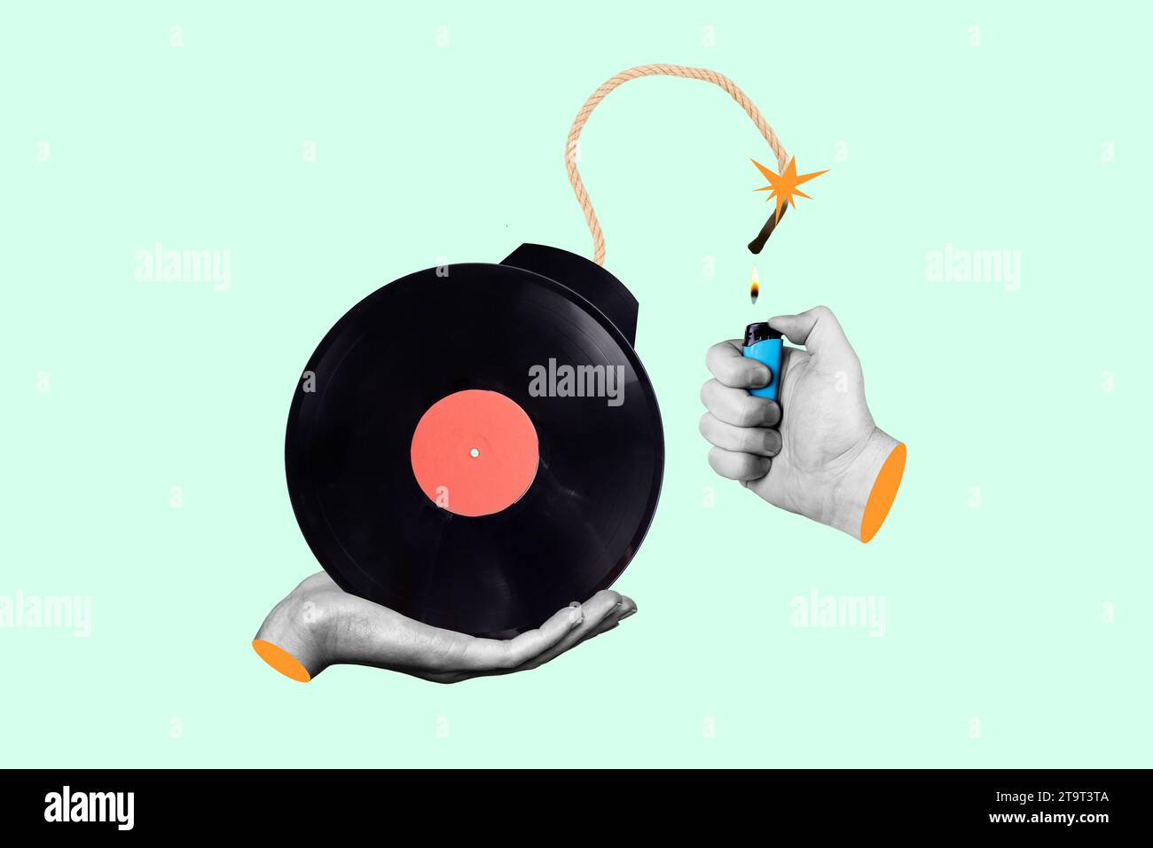 Creative collage poster banner of vinyl record bomb with huge music ...