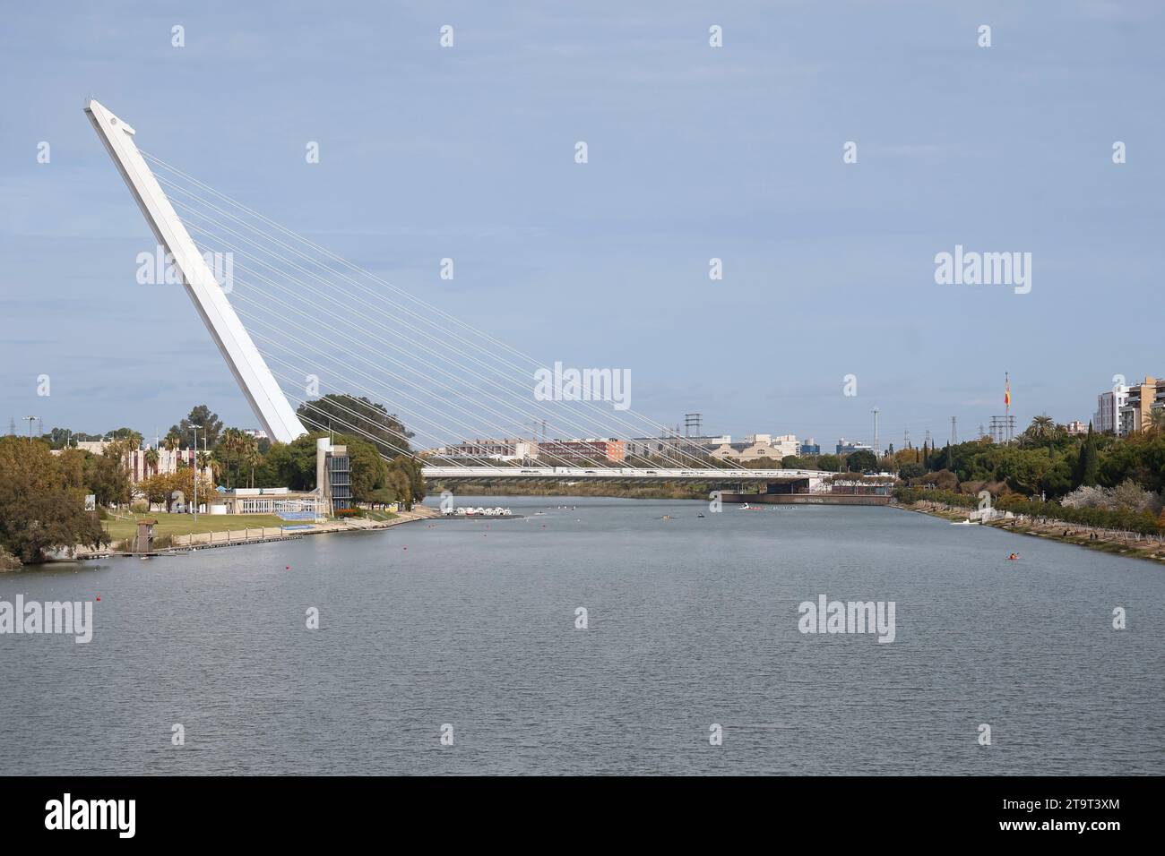 The Alamillo bridge across the Guadalquivir river in Seville, Andalusia ...