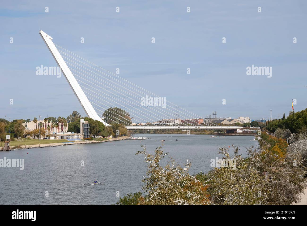 The Alamillo bridge across the Guadalquivir river in Seville, Andalusia ...