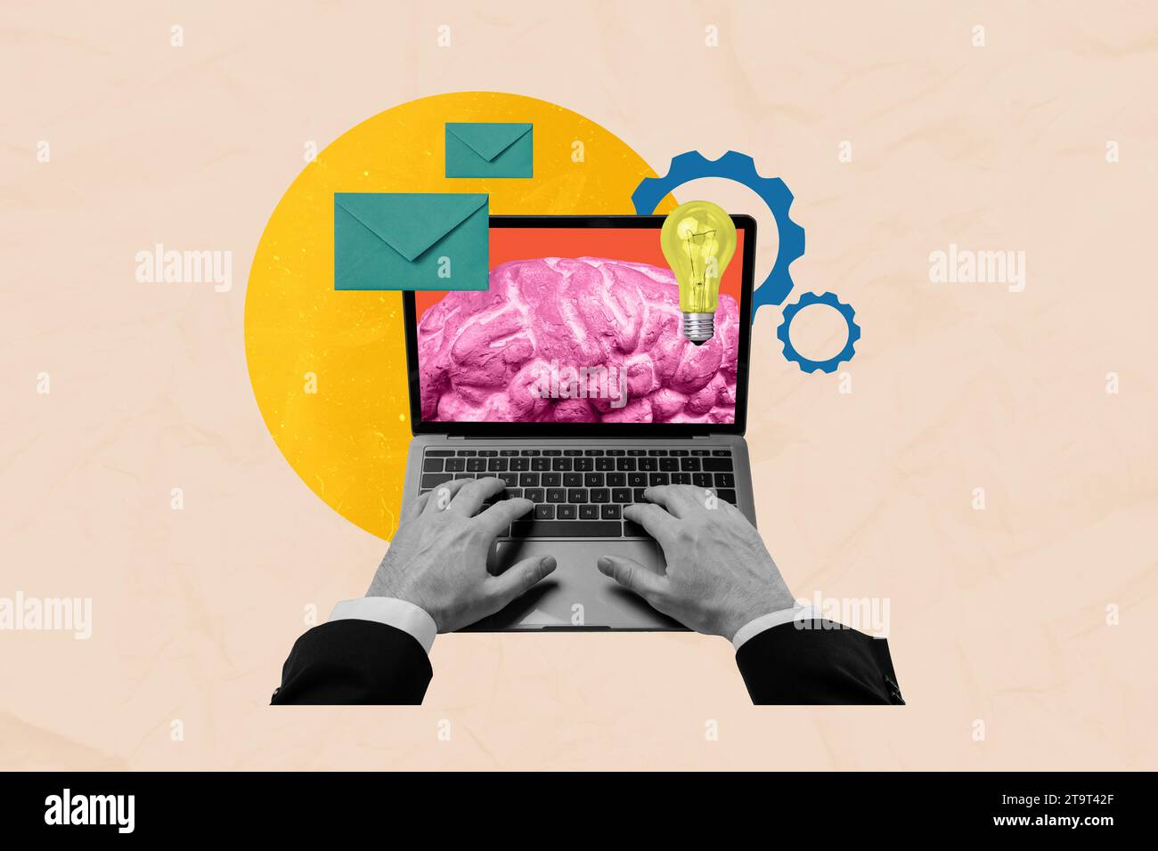 Horizontal composite photo collage of laptop computer hands typing text ...