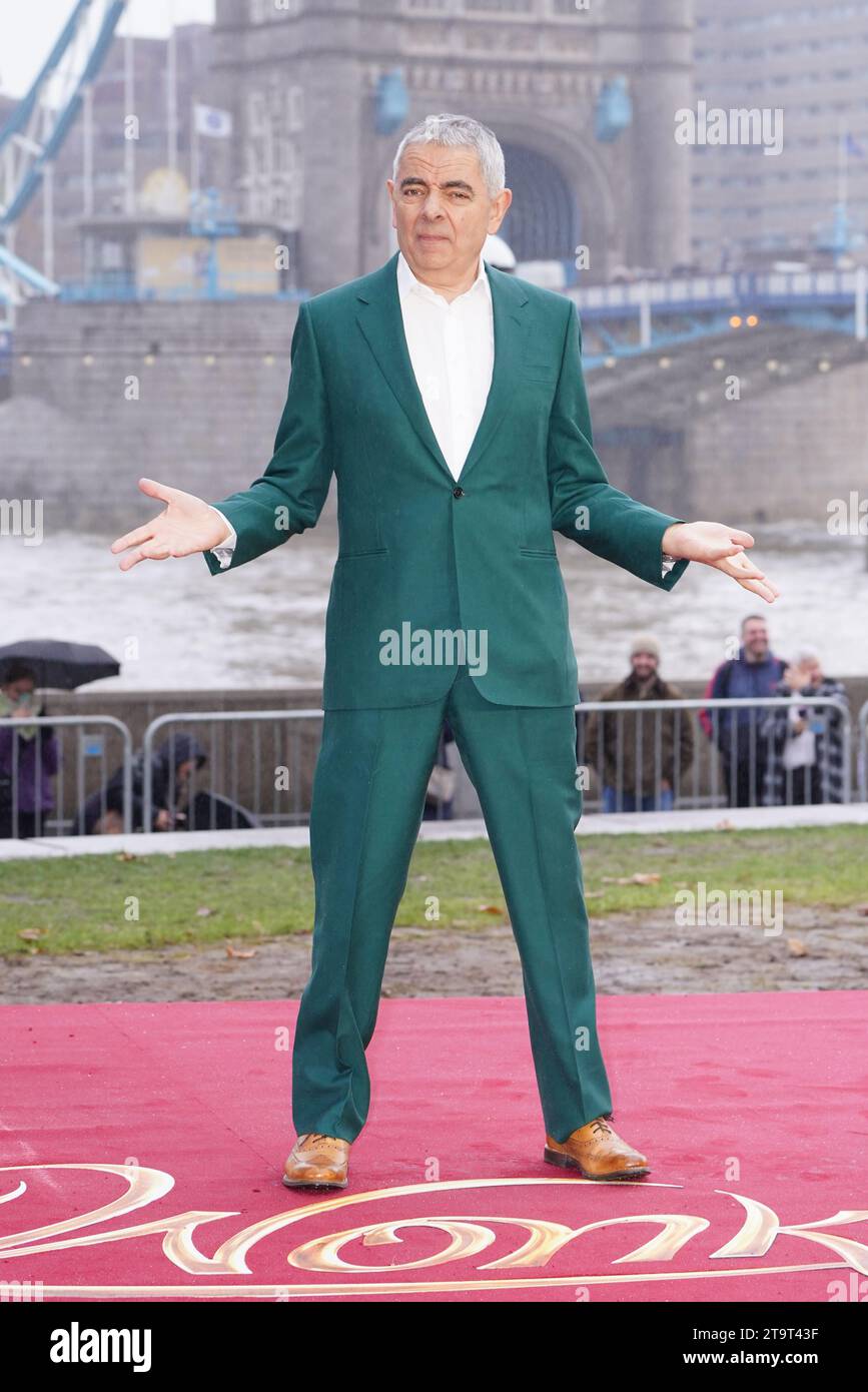 Rowan Atkinson gestures during a photo call with the cast of Wonka at ...