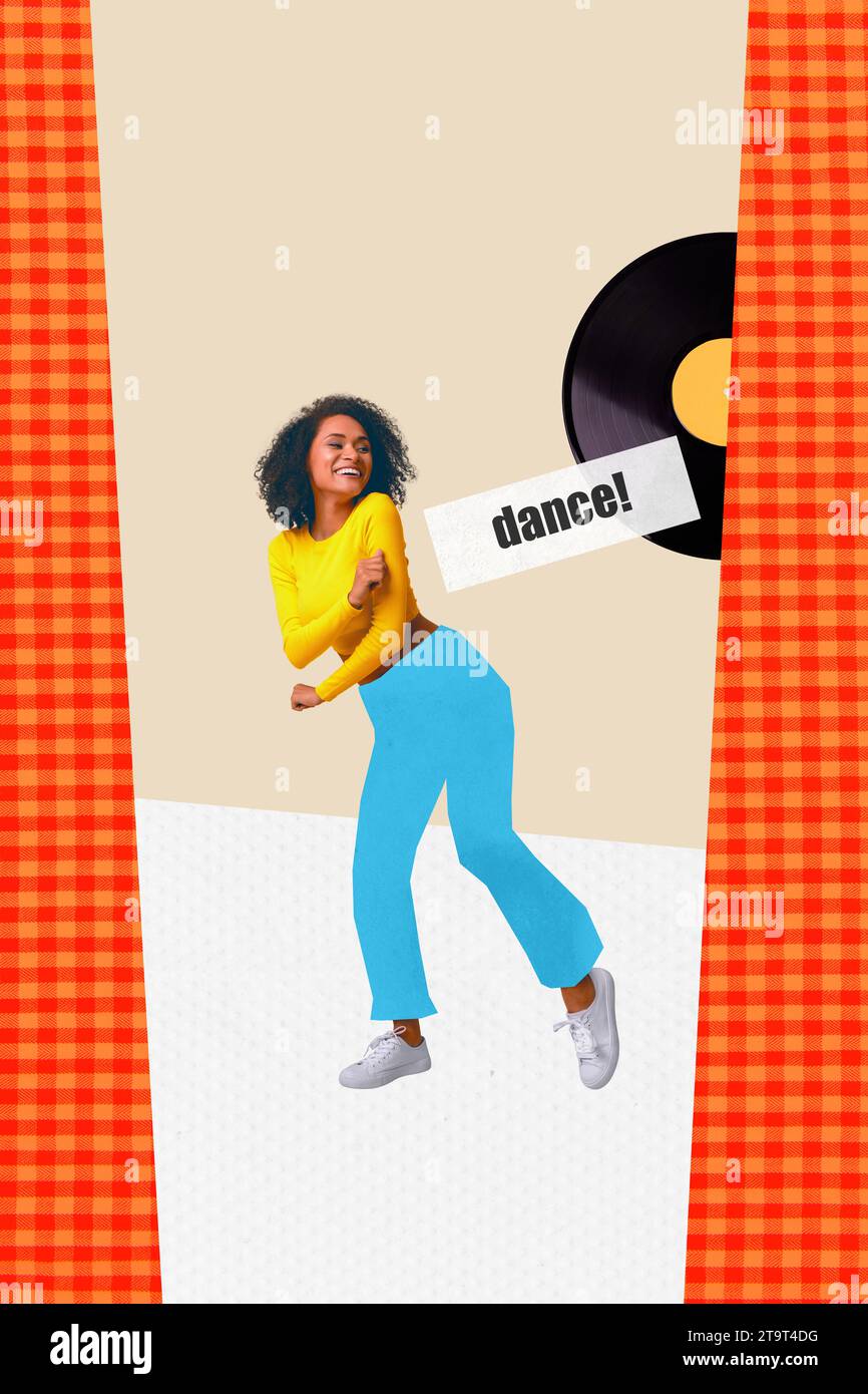 Vertical collage picture poster of funky girl dancing on stage boogie ...