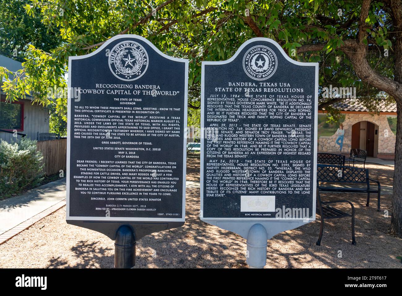 Bandera, USA - November 1, 2023: signage for tourists to explain the ...