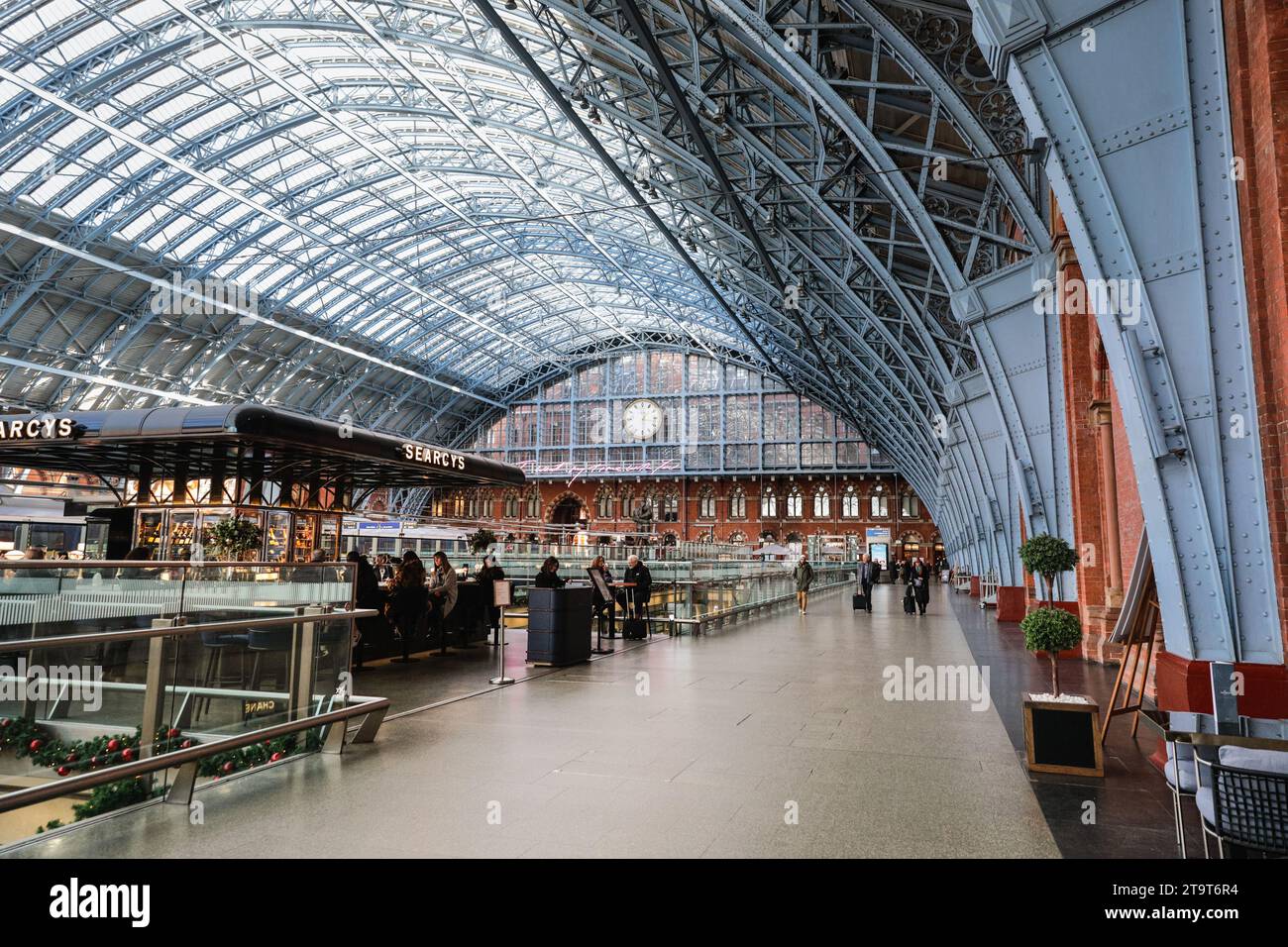 St Pancras Station rail station upper concourse and roof structure ...