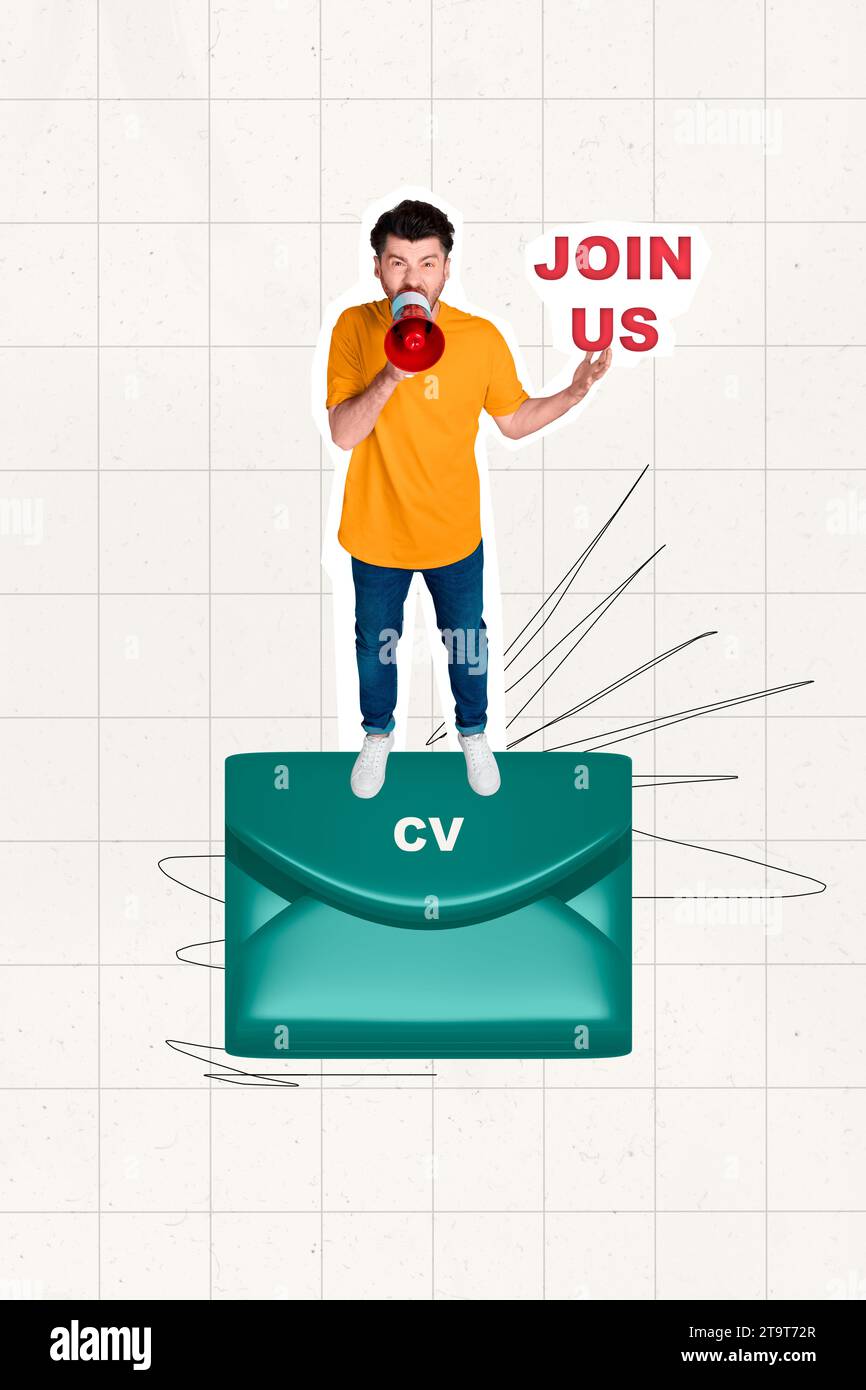 Vertical collage image of mini guy stand big cv envelope shout ...