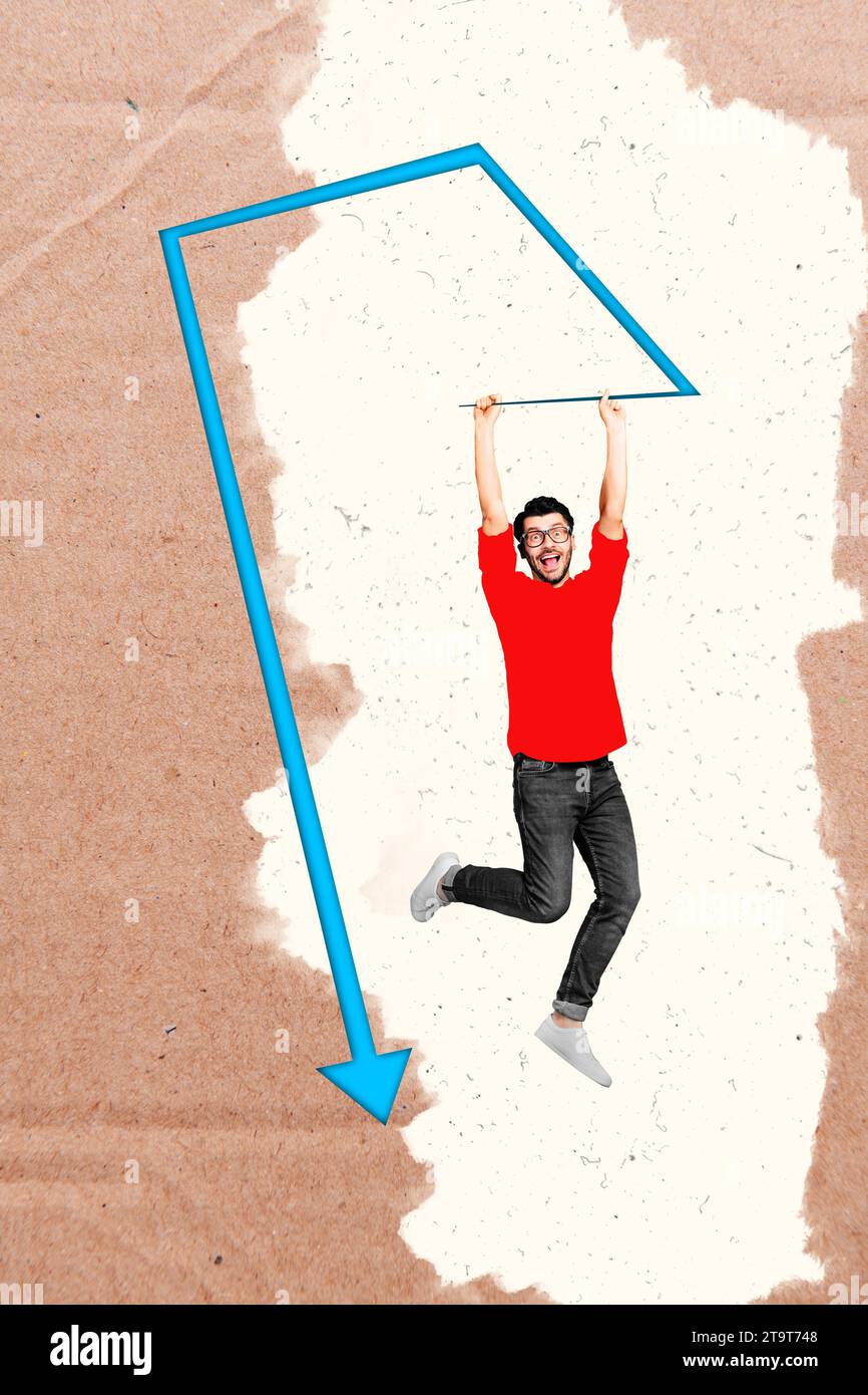 Vertical collage of cheerful mini guy arms hold hanging descending ...