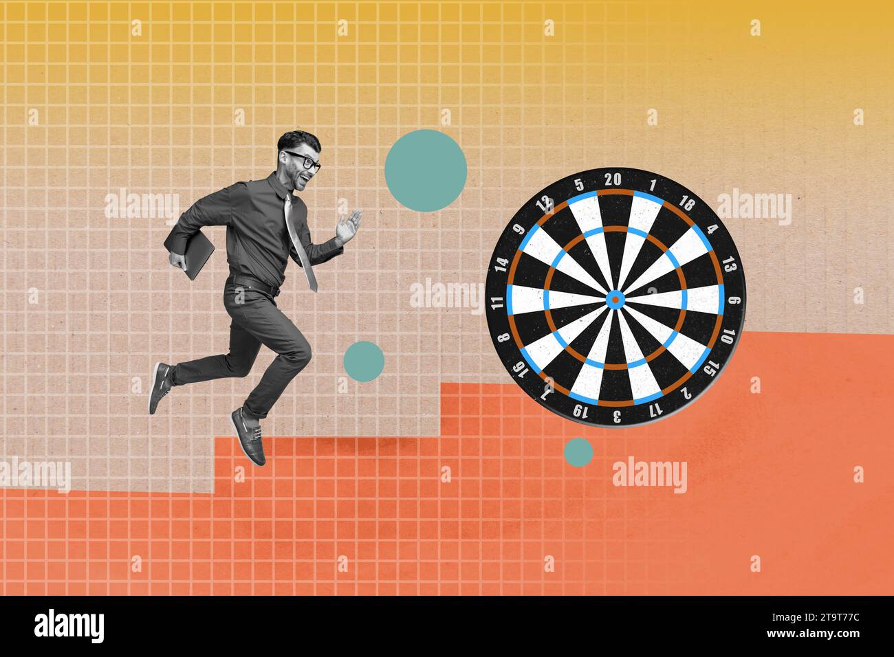 Creative trend collage illustration of funny businessman running to ...