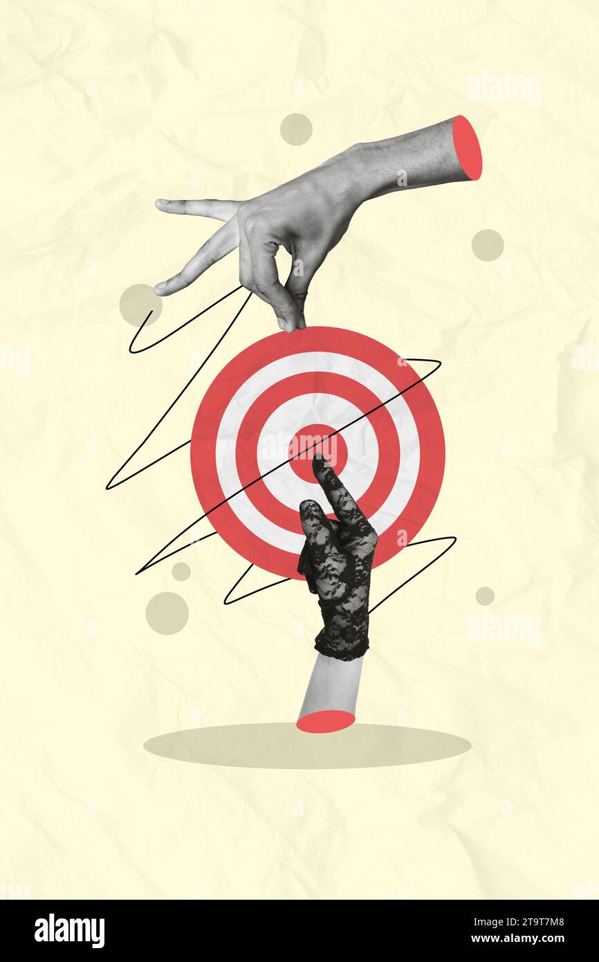 Image collage of two successful people playing darts game isolated on ...