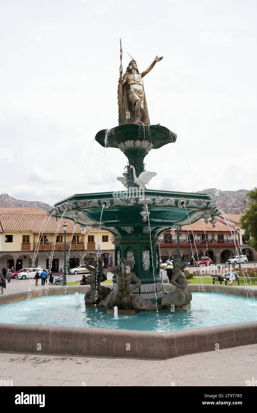 The Gold Inca Statue in Plaza De Armas (Cusco Main Square). Cusco, Peru ...