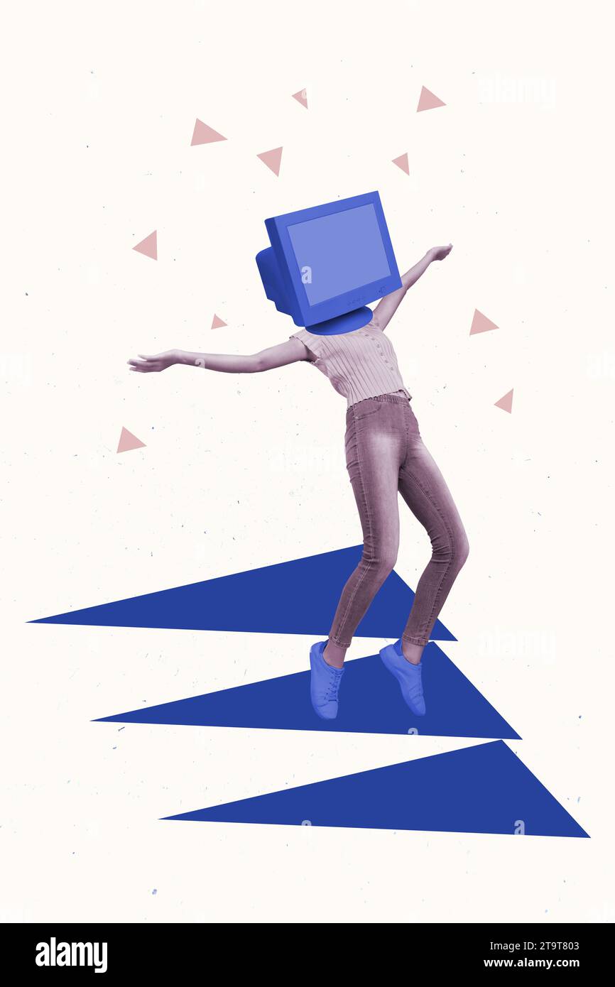 Creative collage idea concept of funky person head monitor retro ...