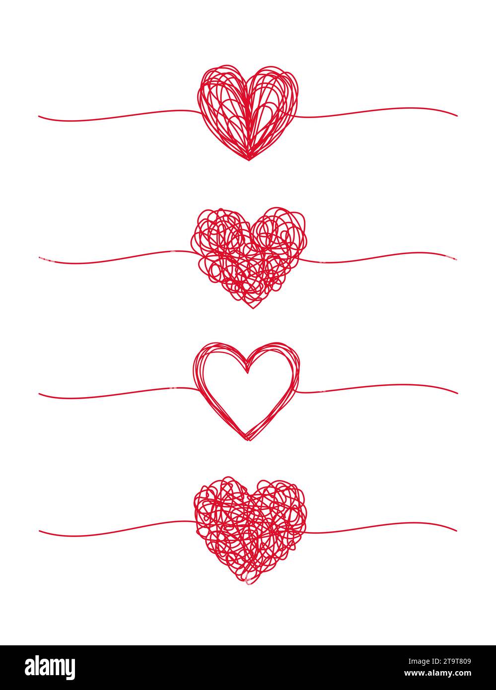 Set of four tangled grungy heart scribbles hand drawn with thin line ...