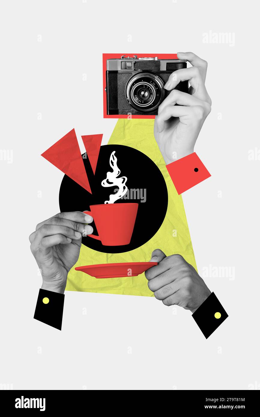 Composite collage picture image of hands hold coffee cup photo camera ...