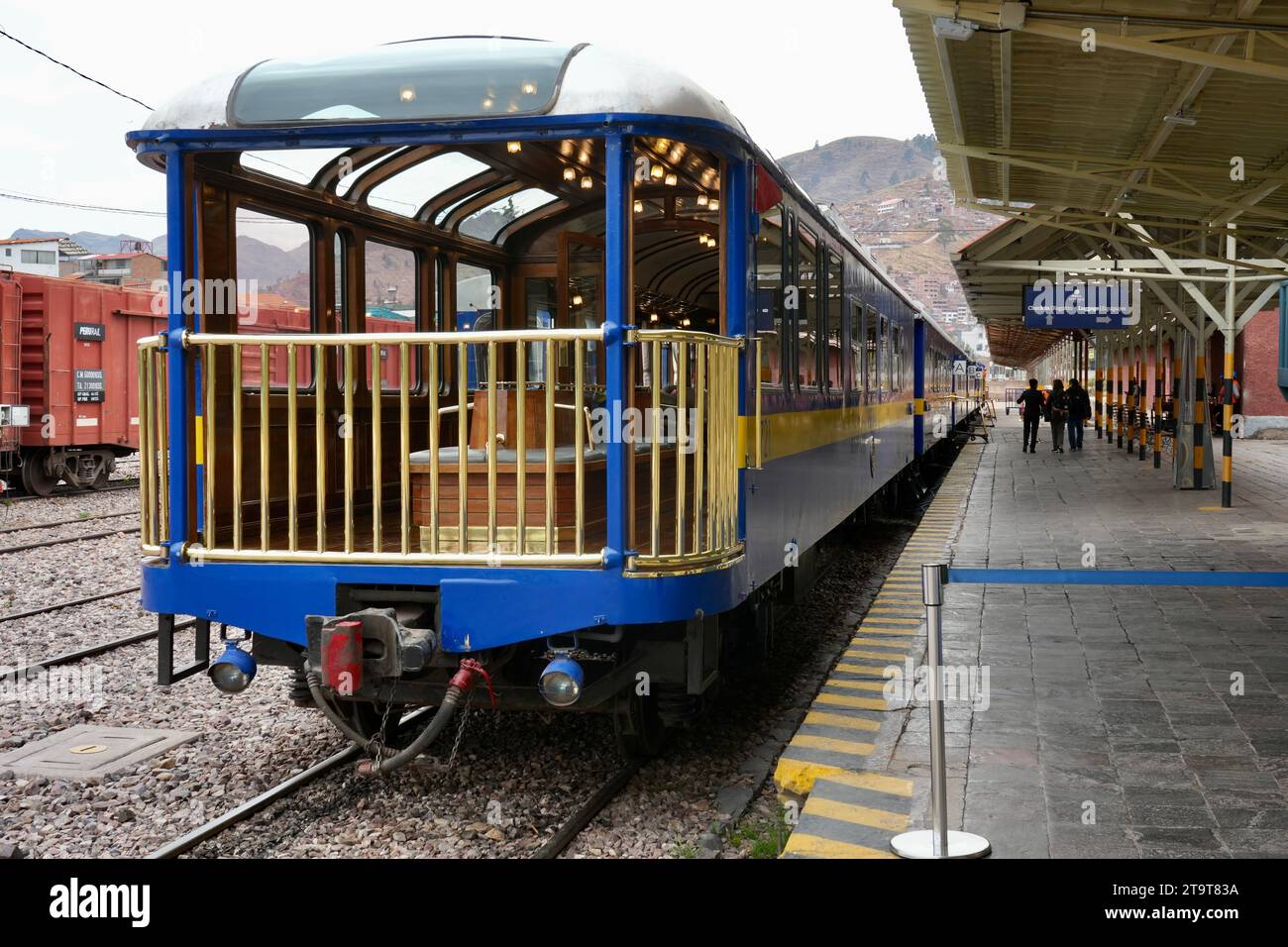 Blue Perurail Train Observation Car standing in Cusco Station. Cusco ...