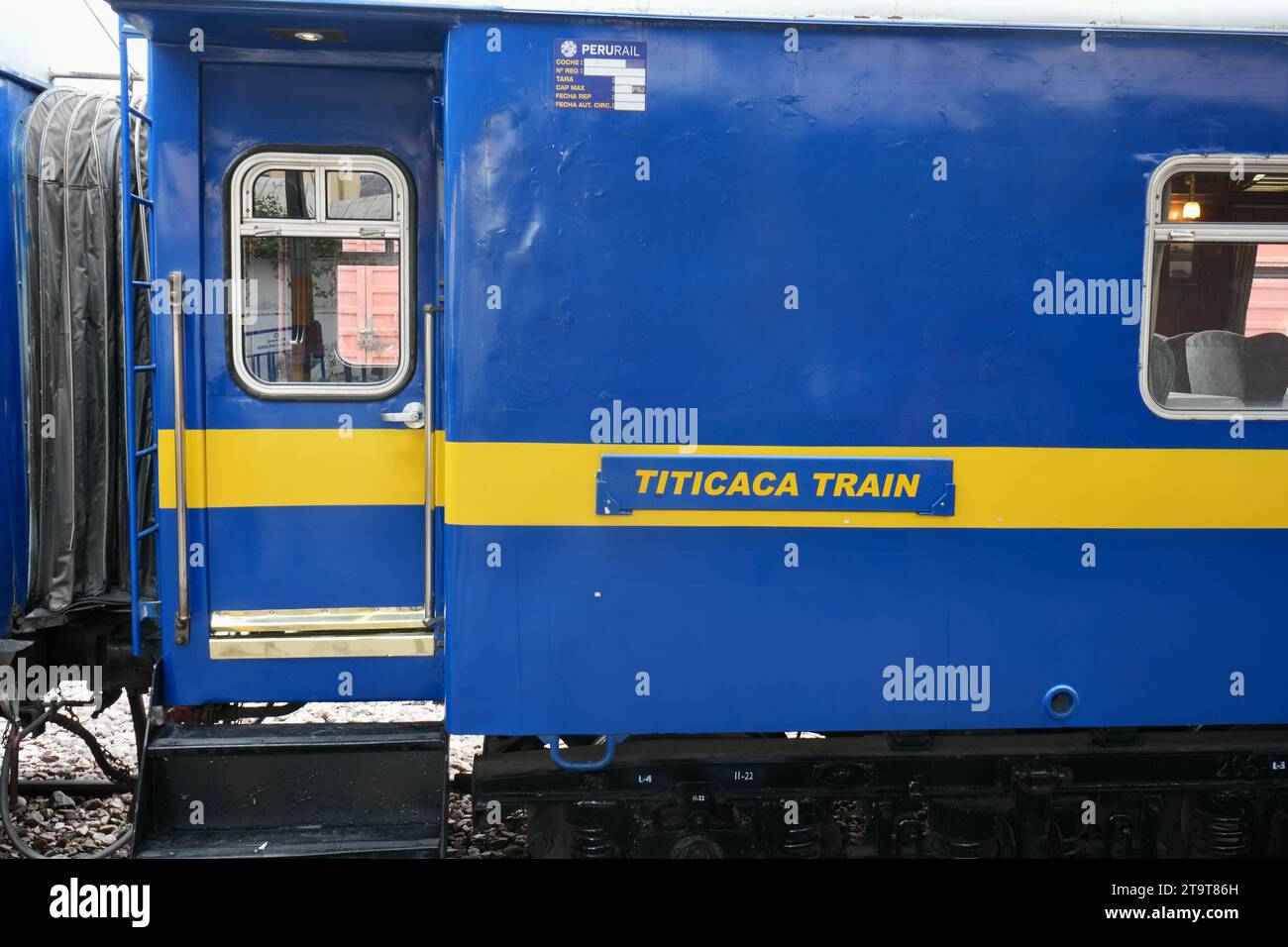 Blue Perurail carriages on The Titicaca Train standing in Cusco Station ...