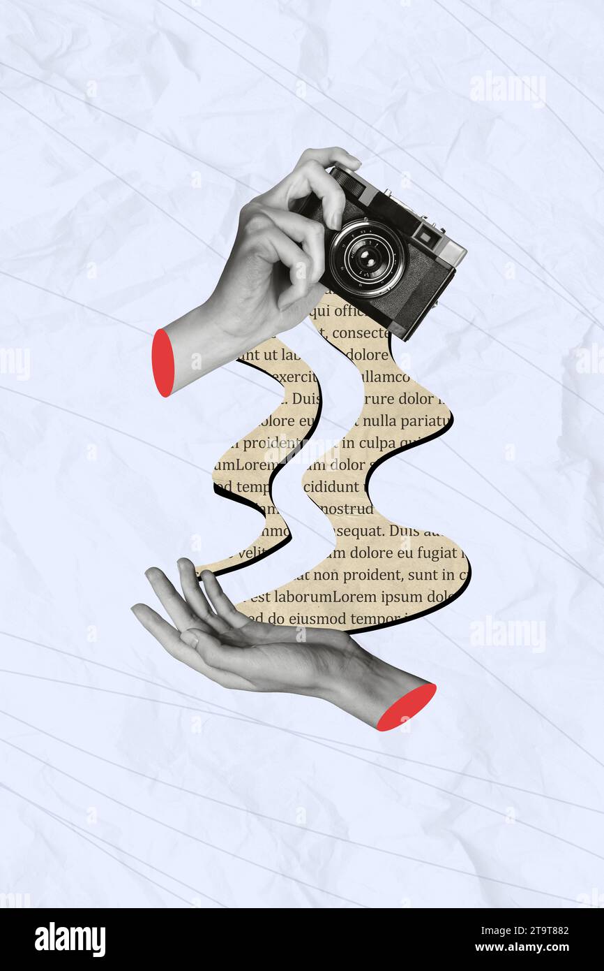 Vertical creative photo composite collage of human hand hold vintage ...