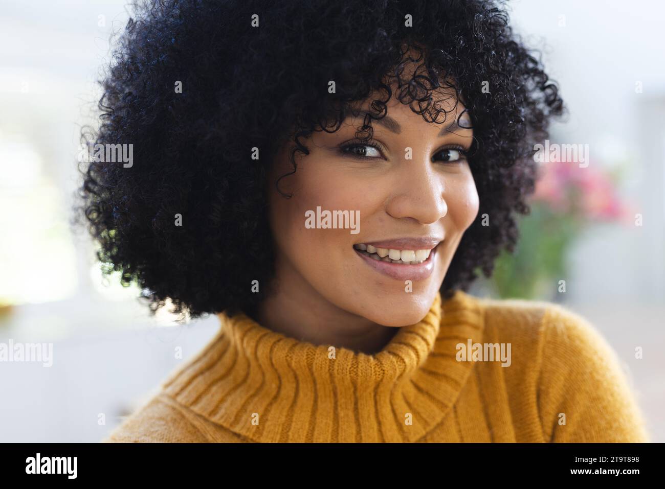 Happy african american woman face close up at home. Indoors, expression ...