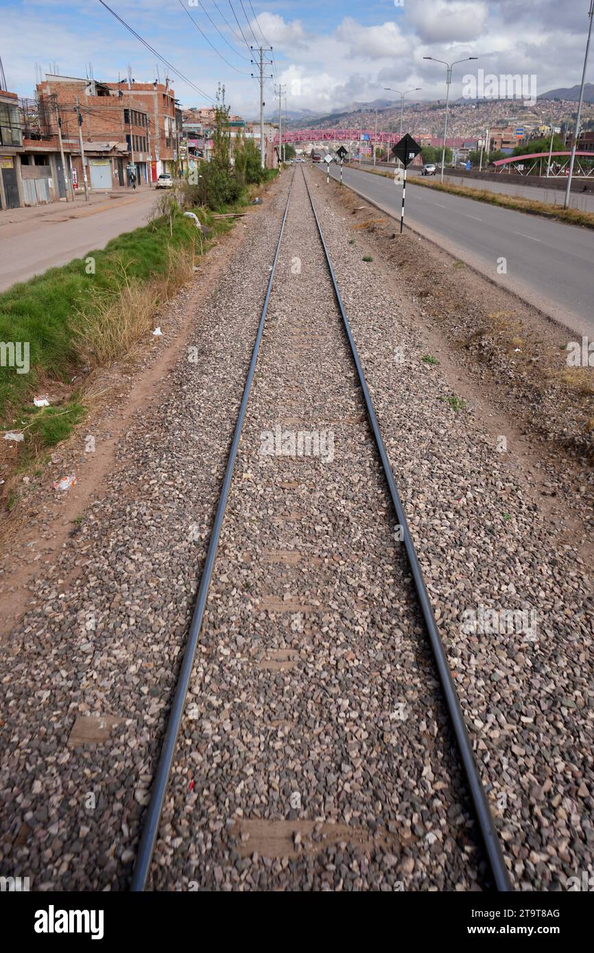 Train tracks through the Andes from Cusco to Puno. Cusco, Peru, October ...