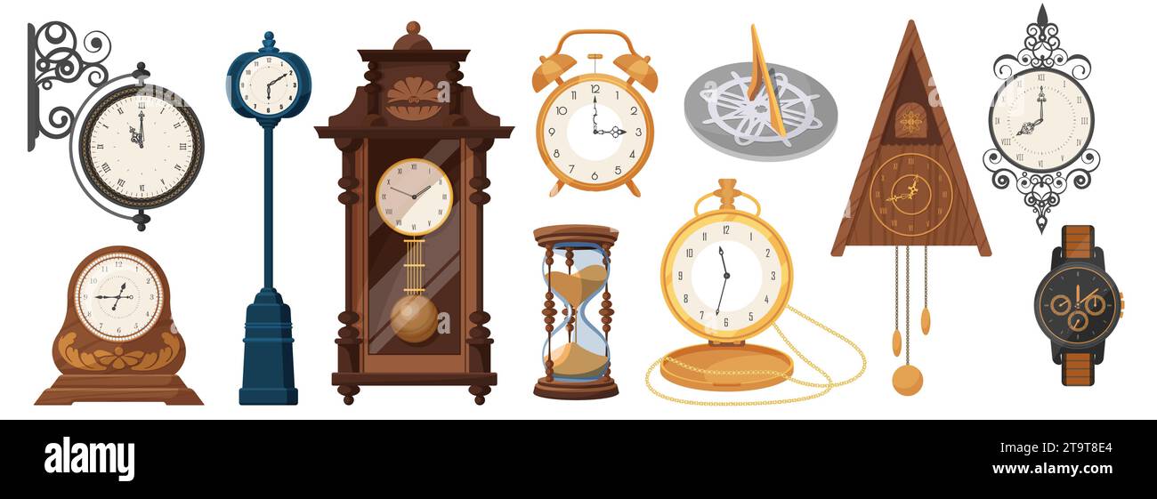 Vintage clocks set vector illustration. Cartoon isolated antique ...