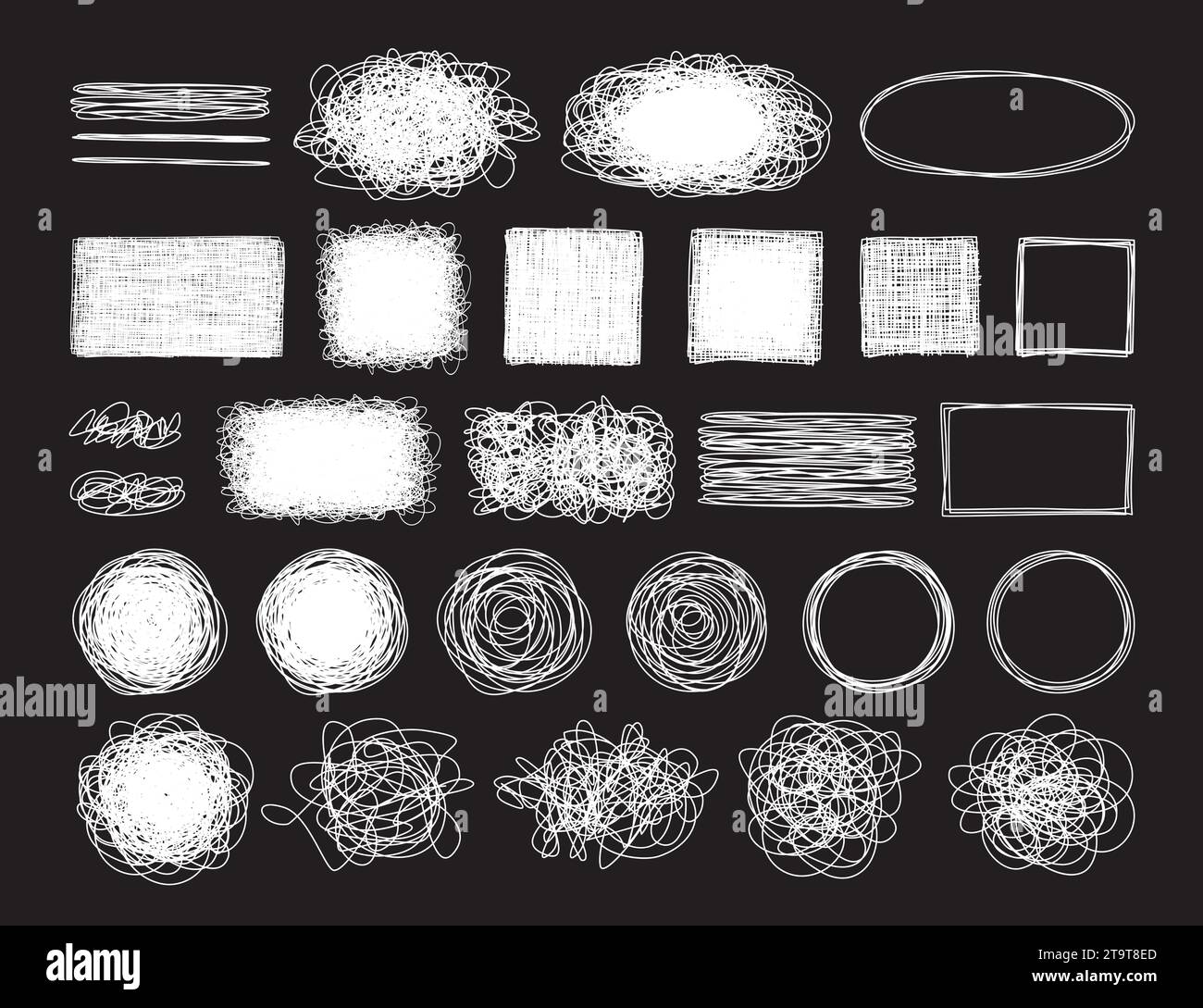 Set of tangled grungy round, oval, square, rectangular and messy ...