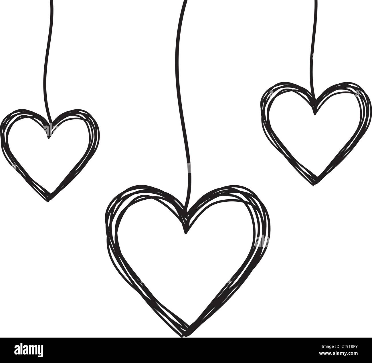 Tangled scribbled heart hanging on a string, hand drawn with thin line, divider shape. Isolated ...