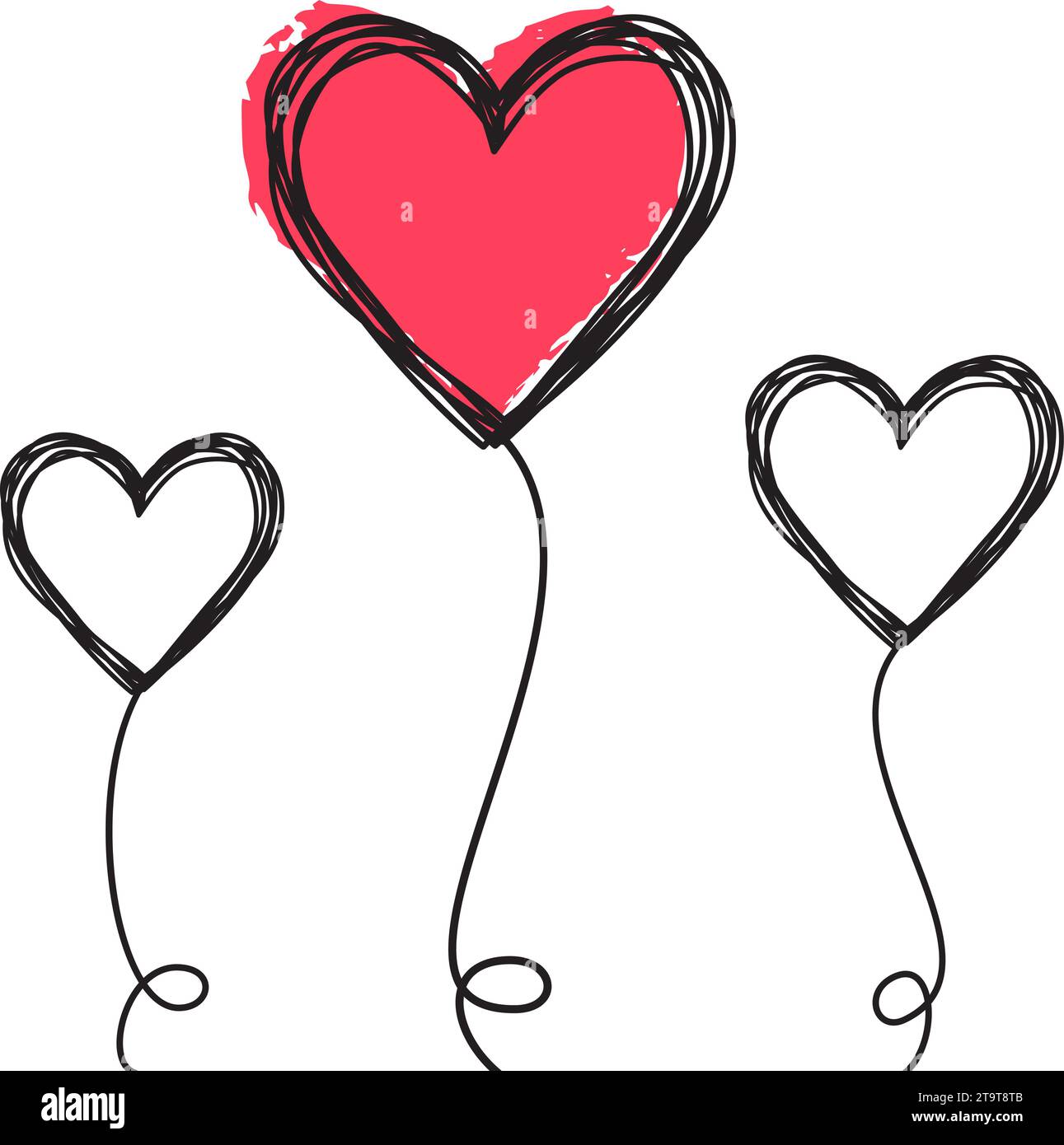 Tangled scribbled heart on a string line like an air balloon or a ...