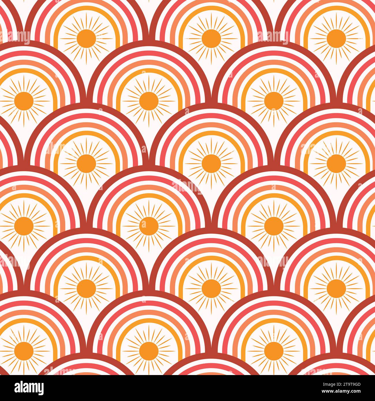 Abstract art deco rainbows in red, orange and yellow seamless pattern ...