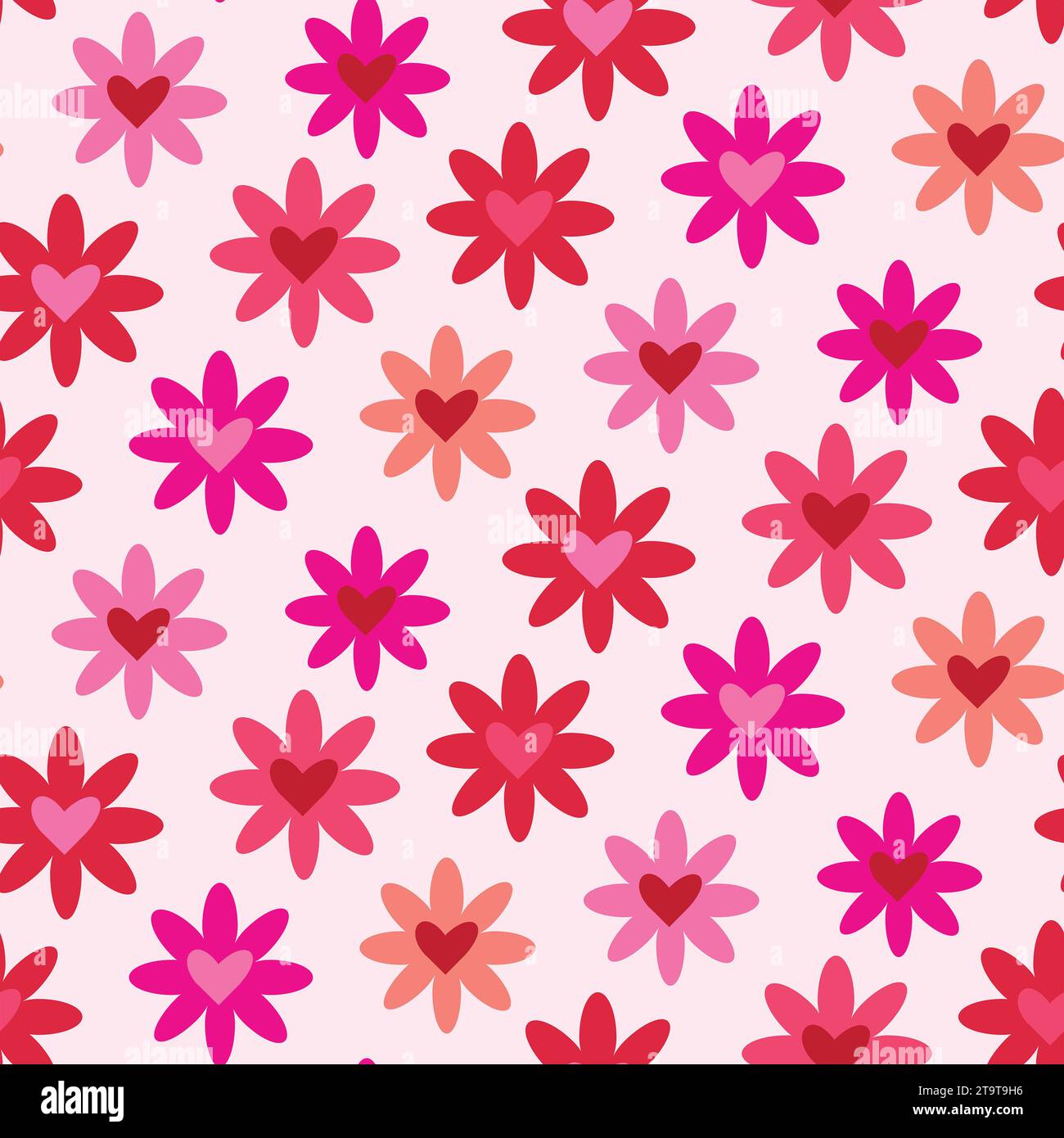 Cute retro flowers seamless pattern with hearts inside them in red ...