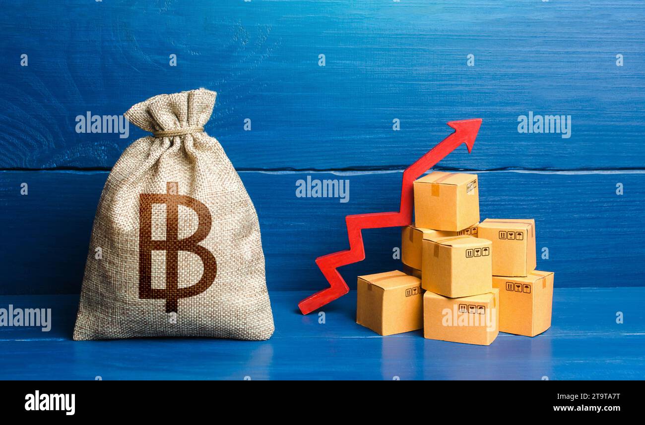 Thai baht money bag with boxes and up arrow. Good consumer sentiment ...