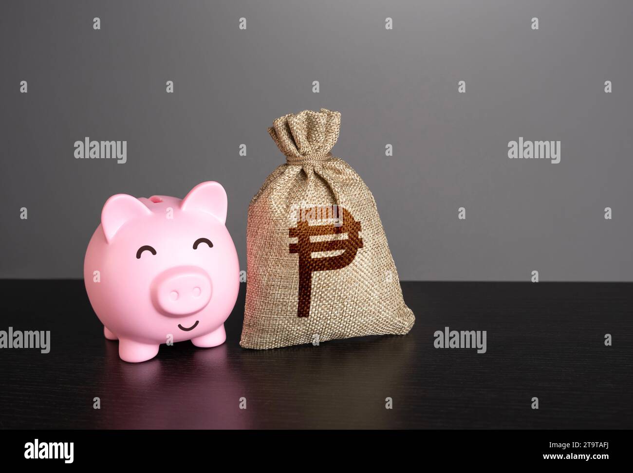 Happy piggy bank and philippine peso money bag. Economics and currency ...