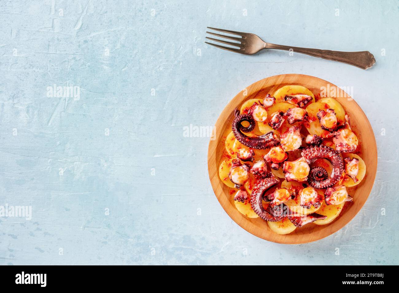 Pulpo a la gallega, Spanish octopus delicacy, Galician dish, overhead ...