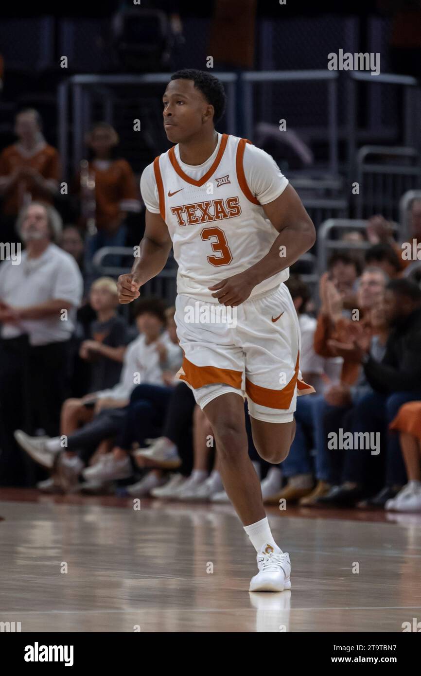 AUSTIN, TX - NOVEMBER 26: Texas Longhorns guard Max Abmas (3) runs up court after making a three ...