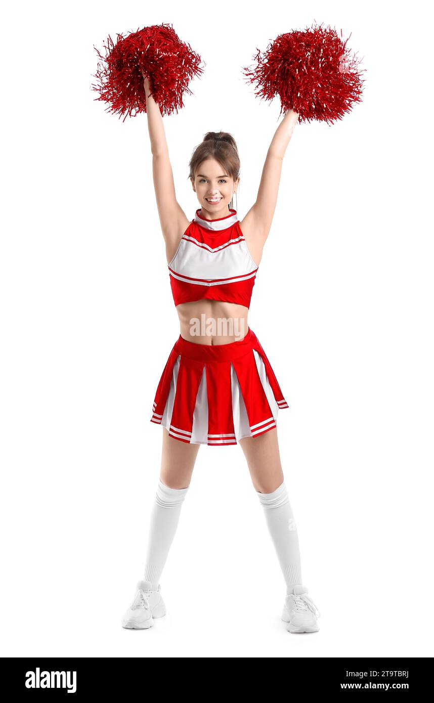 Beautiful young cheerleader on white background Stock Photo - Alamy