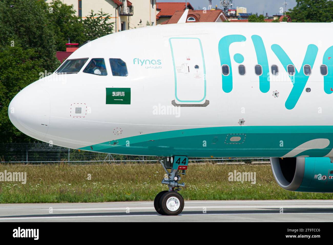 Close-up photo of Saudi airline's Flynas Airbus A320 NEO taxiing after ...