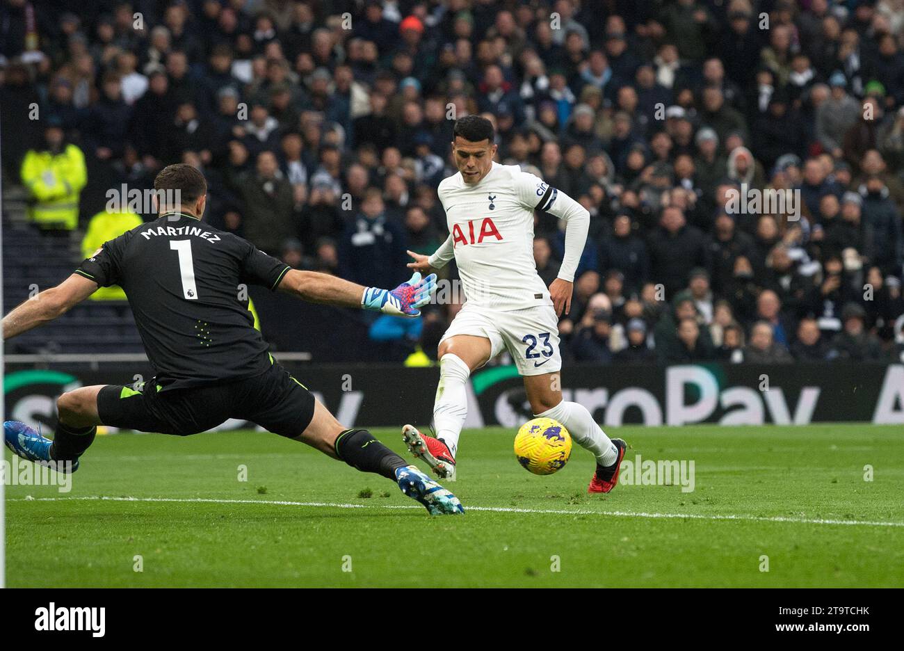 London, UK. 26th Nov, 2023. Pedro Porro of Tottenham Hotspur has a shot ...