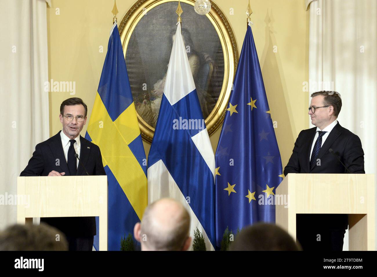 Helsinki, Finland. 27th Nov, 2023. Swedish Prime Minister Ulf Kristersson (left) and Finnish ...