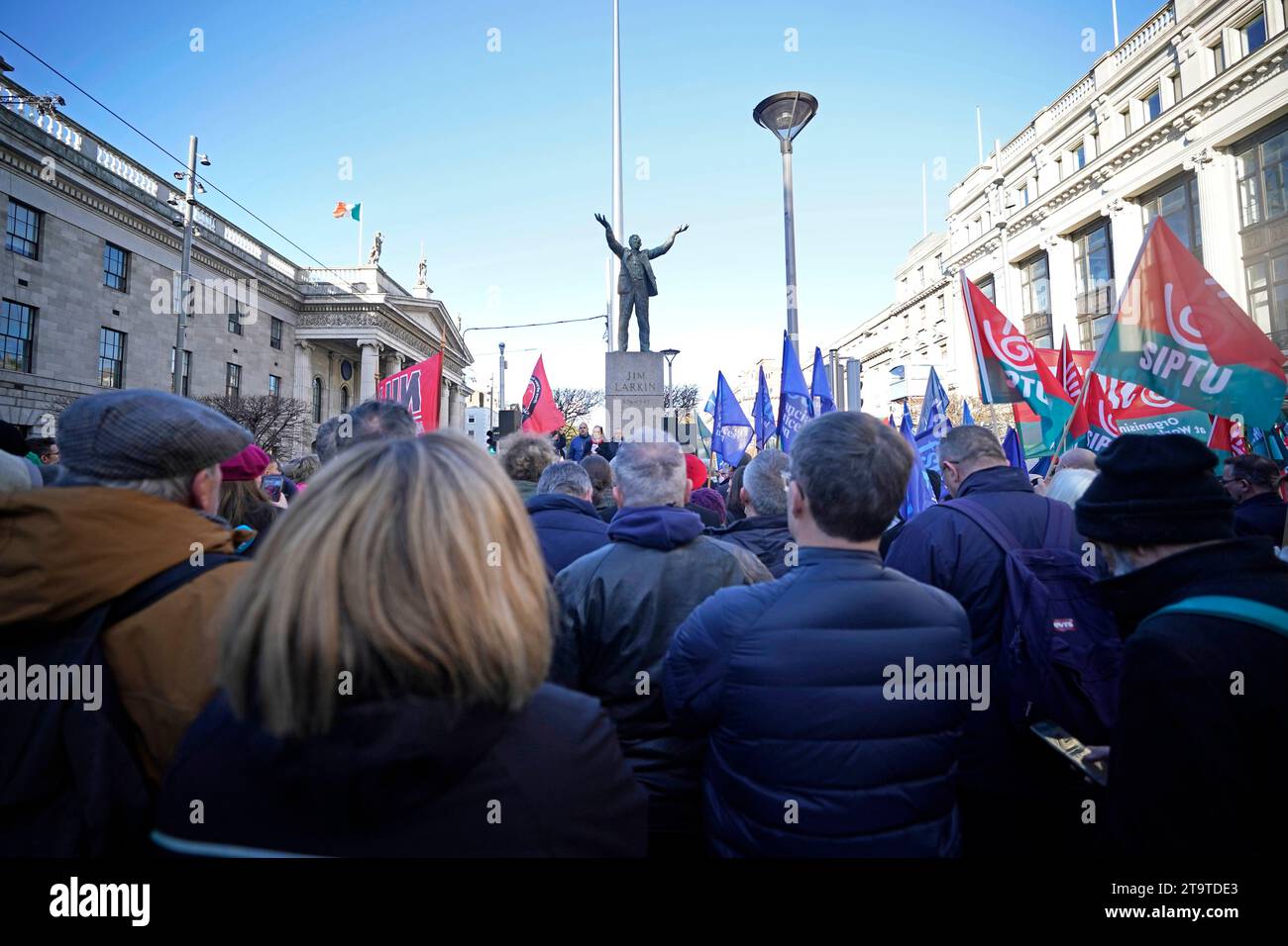 Trade unionists and demonstrators gather on O'Connell Street in Dublin ...