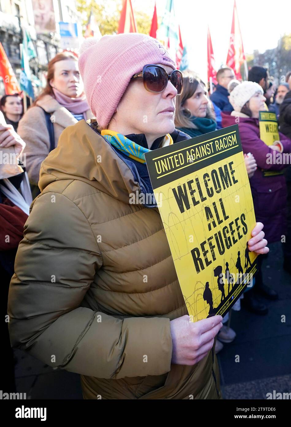 Trade unionists and demonstrators gather on O'Connell Street in Dublin ...