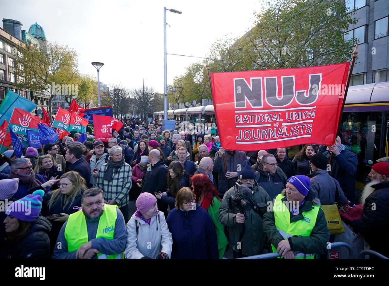 Trade unionists and demonstrators gather on O'Connell Street in Dublin ...